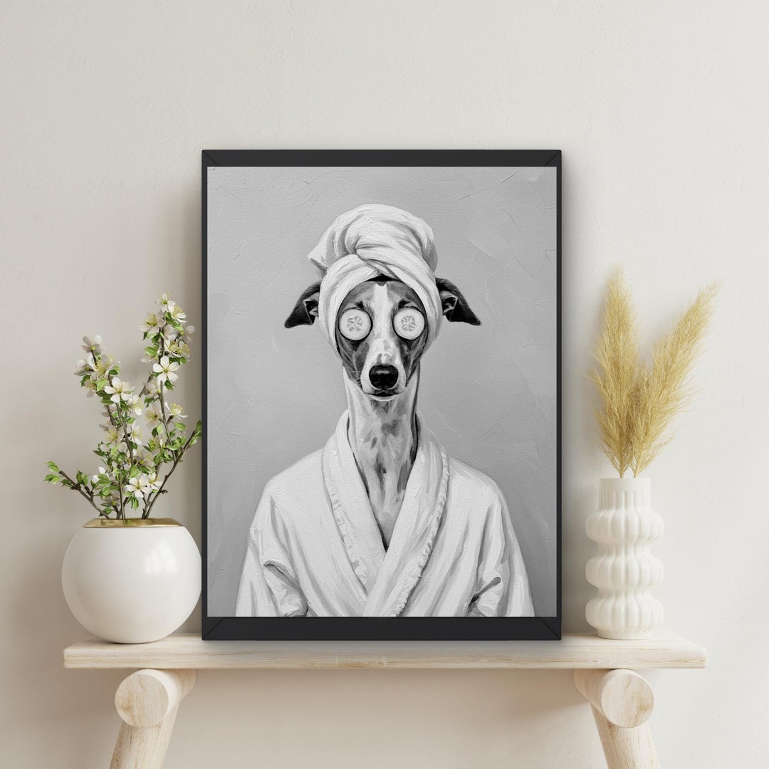 Bathroom Spa Whippet Décor Wall Art, Dog in Bathrobe Headwrap and ...