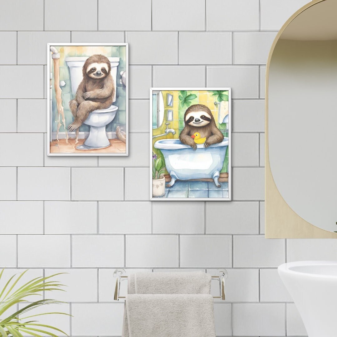 Sloth in Bathtub Bathroom Wall Art Prints Cheerful and Charming Prints ...
