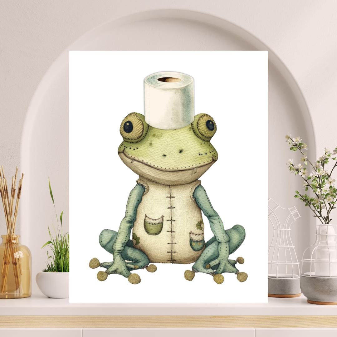 Green Frog Bathroom Wall Art, Frog Quilted Patchwork Sewn Style Print ...