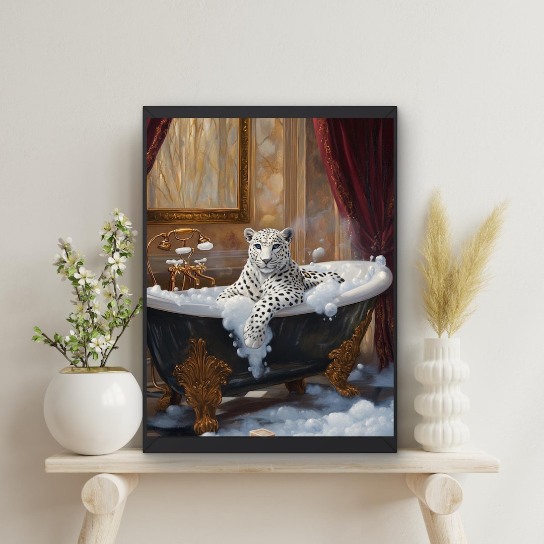 Snow White Leopard in Bathtub Wall Art, Big Cat Taking a Bubble Bath in ...