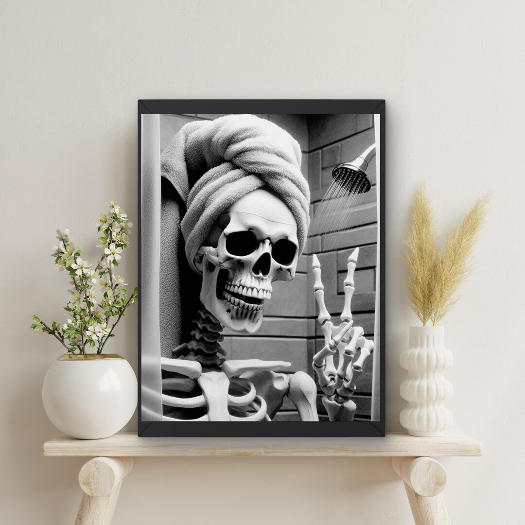 Skeleton Bathroom Wall Art, Skeleton Peeking Out of Shower Print, Peace ...