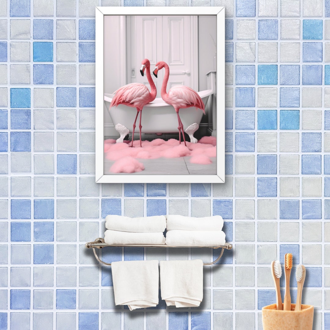 Pink Flamingo in Tub Printable Wall Art Flamingo Bird Taking a Bath in ...