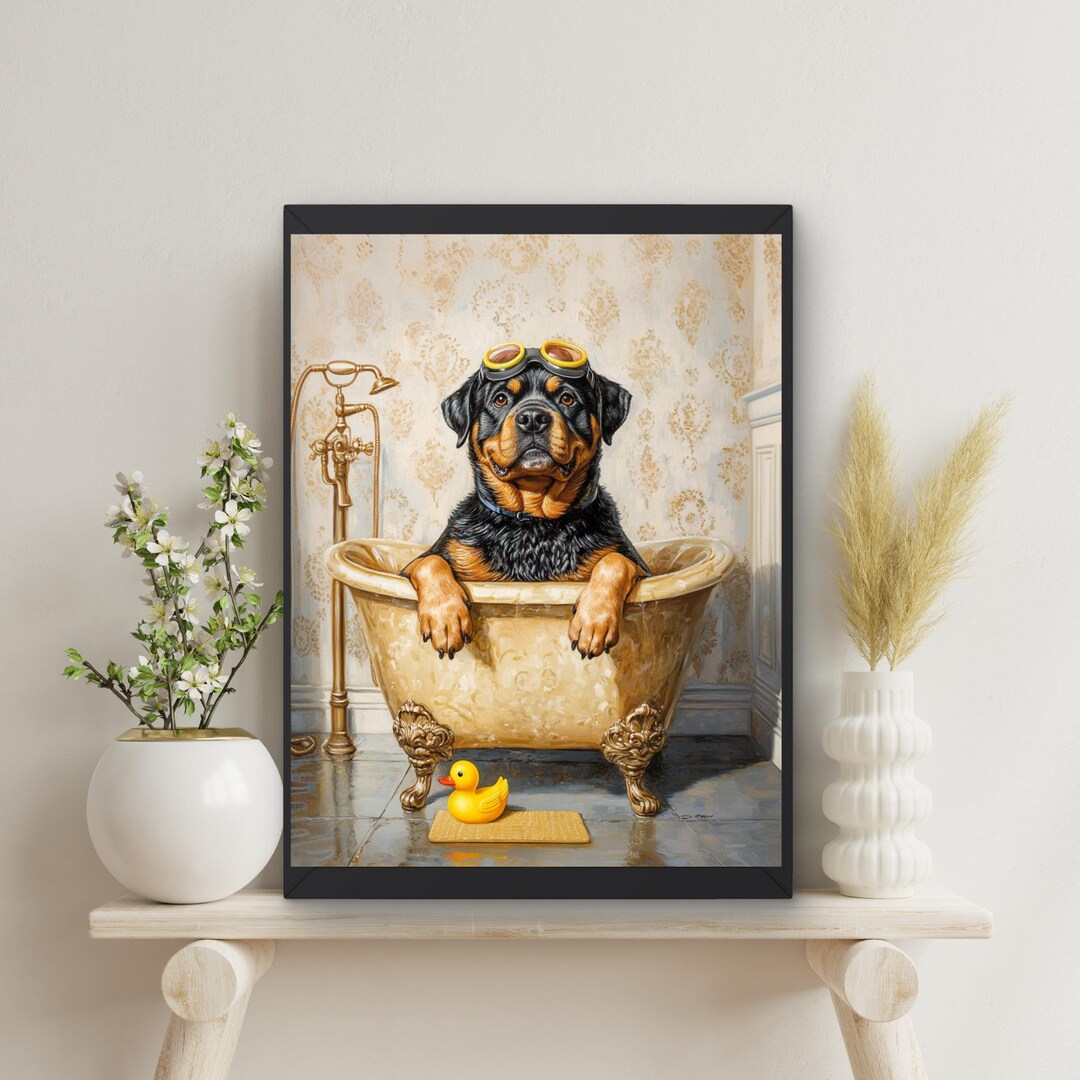 Rottweiler Dog in Bathtub Printable Wall Art, Dog Taking a Bath Tub ...