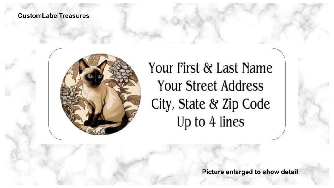 Whimsical Siamese Cat Mailing Labels Set of 150 Flower Design Return ...