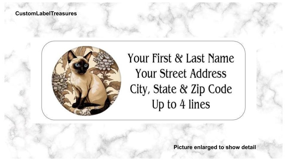 Whimsical Siamese Cat Mailing Labels Set of 150 Flower Design Return ...