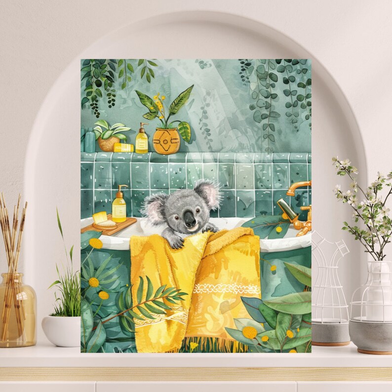 Koala Bear in Bathtub Bathroom Wall Art, Koala Taking a Bath in Tub ...