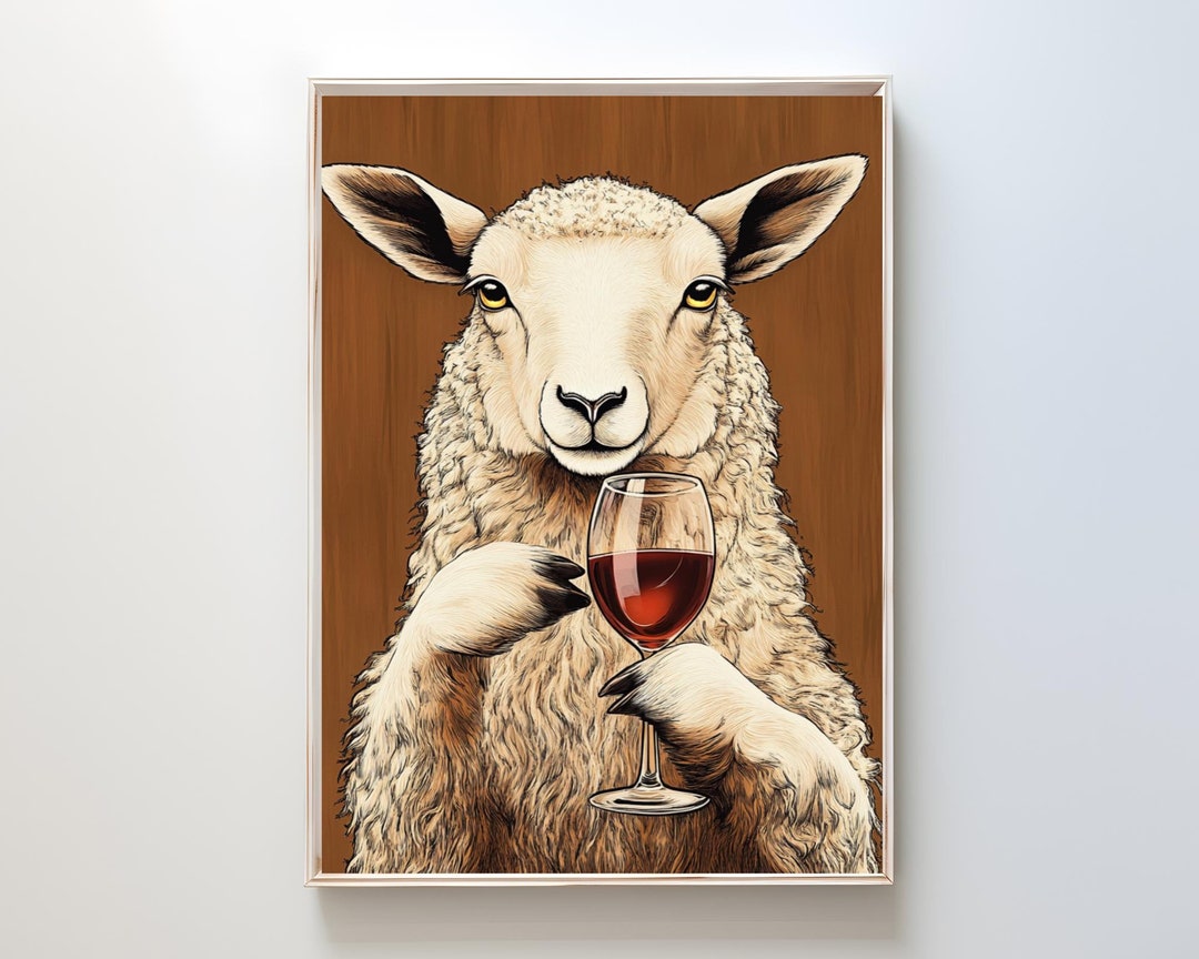 Sheep Ewe Wall Art, Sheep Lovers Gift, Ewe Drinking Wine, Alcohol Bar ...