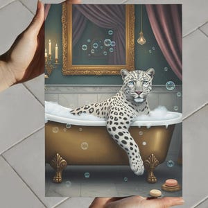 White Leopard in Bathtub Printable Wall Art Big Cat Taking a Bubble ...