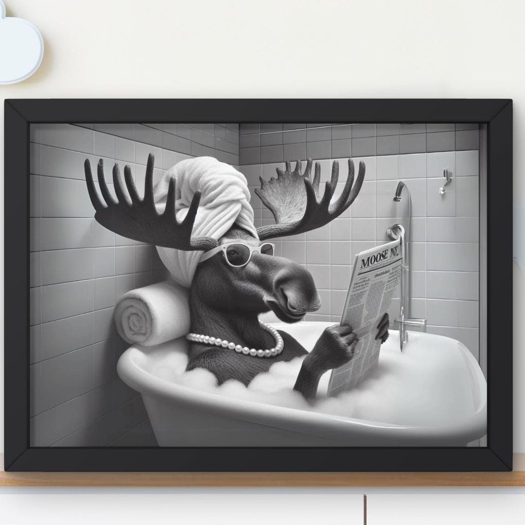 Prissy Moose in Tub Printable Wall Art, Moose Taking a Bath Reading Newspaper Poster, Bathroom ...