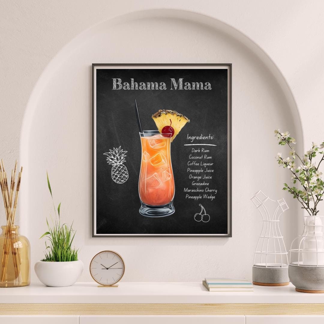 Bar Cart Cocktail Poster, Bahama Mama Wall Art, Alcohol Sign, Kitchen ...