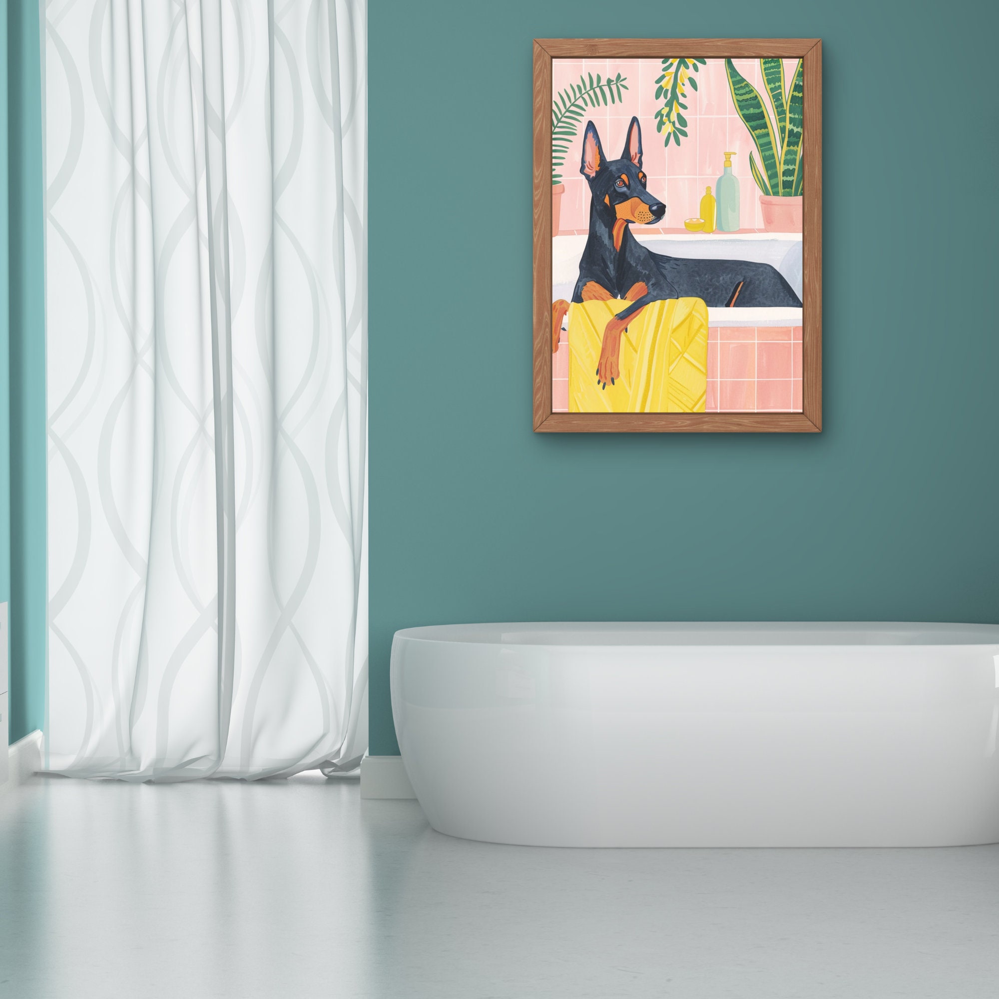 Doberman Pinscher Dog in Bathtub Printable Wall Art | Dobie Taking a ...