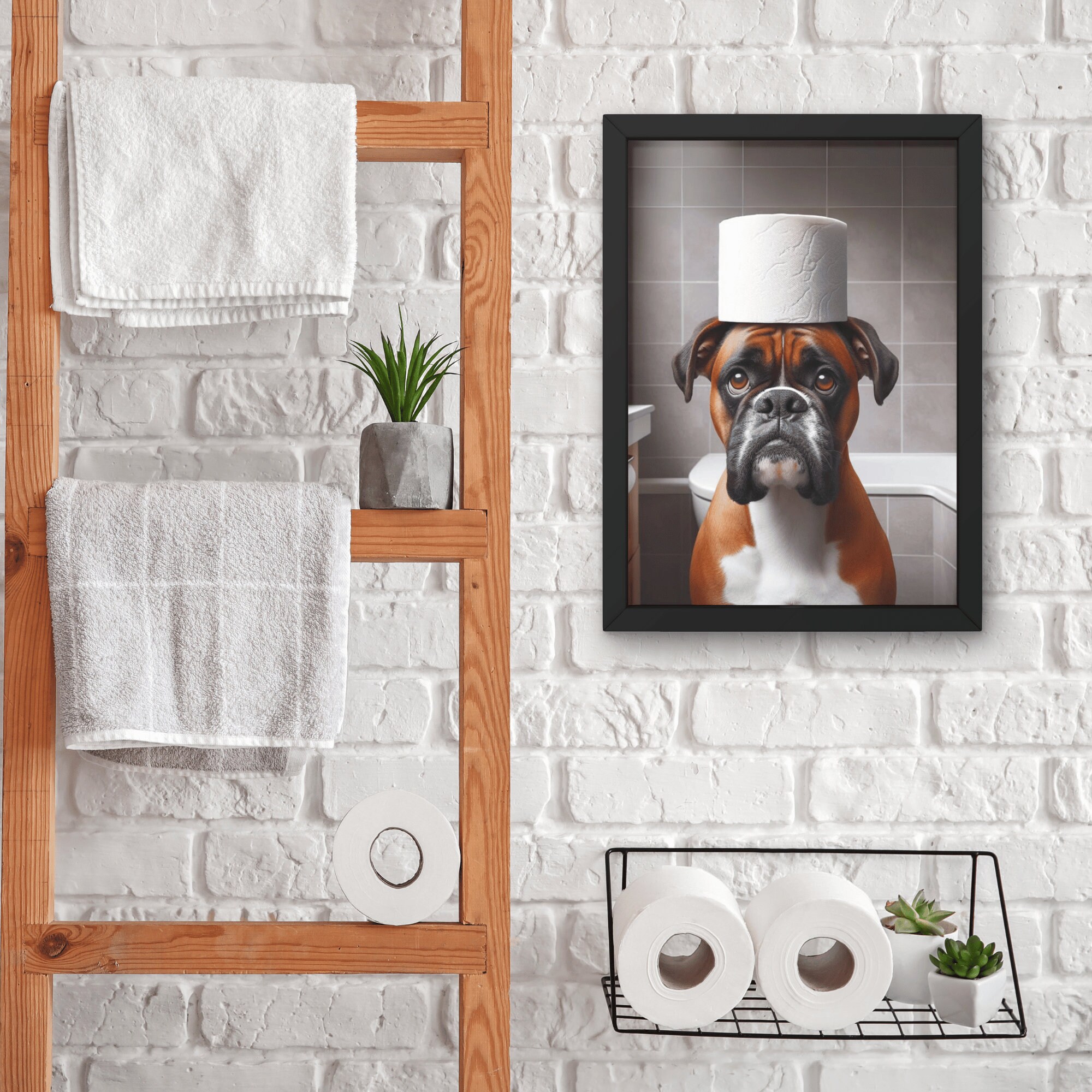 Boxer Dog Bathroom Wall Art, Dog With Toilet Paper on Head Wall Decor ...