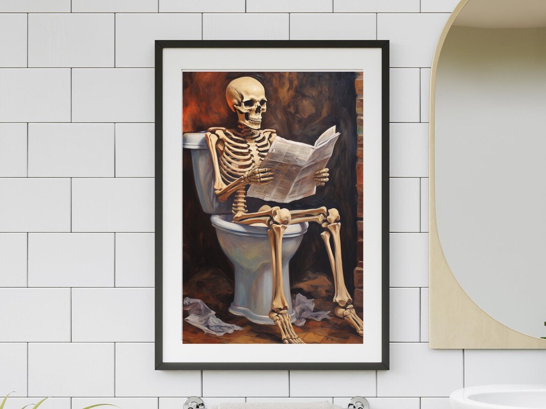 Skeleton on Toilet Printable Wall Art, Bathroom Print, Reading ...