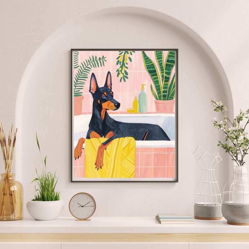 Doberman Pinscher Dog in Bathtub Printable Wall Art | Dobie Taking a ...