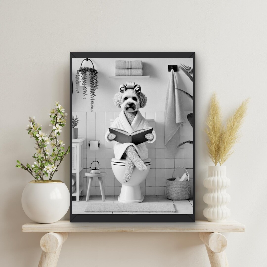 Schnoodle Dog in Bathroom Wall Art, Dog on Toilet Reading Book Print ...