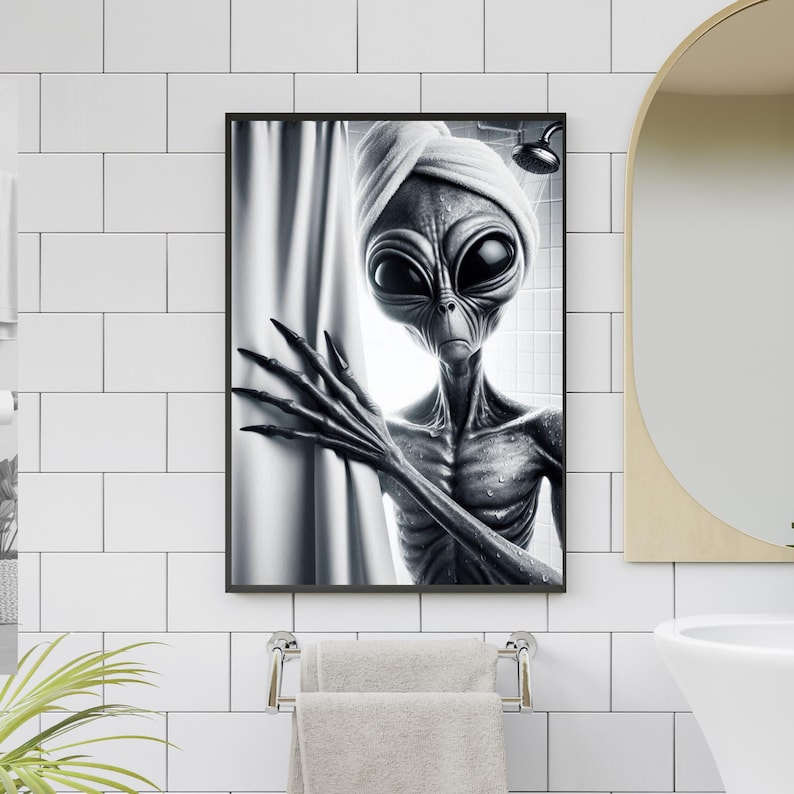 Alien UFO Bathroom Wall Art, Alien Peeking Out of Shower Print, Outer ...