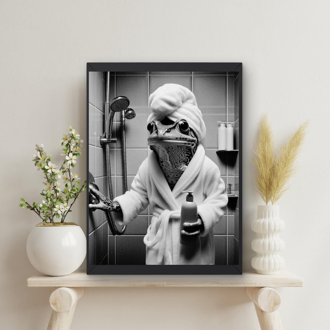 Frog Bathroom Wall Art, Toad in Bathrobe Taking Shower Print, Beauty ...