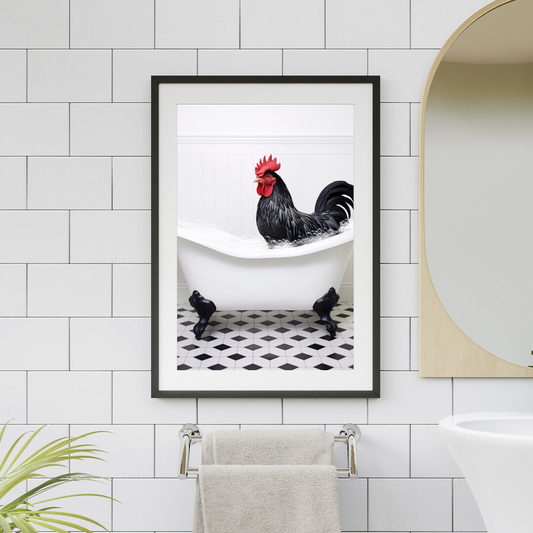 Rooster in Bathtub Printable Wall Art - Farmhouse Chicken Bathroom ...