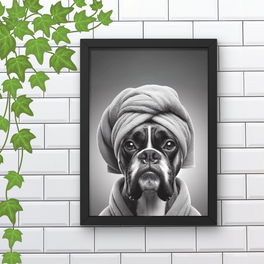 Boxer Dog Bathroom Printable Wall Art | Boxer Wearing Bathrobe Photo ...