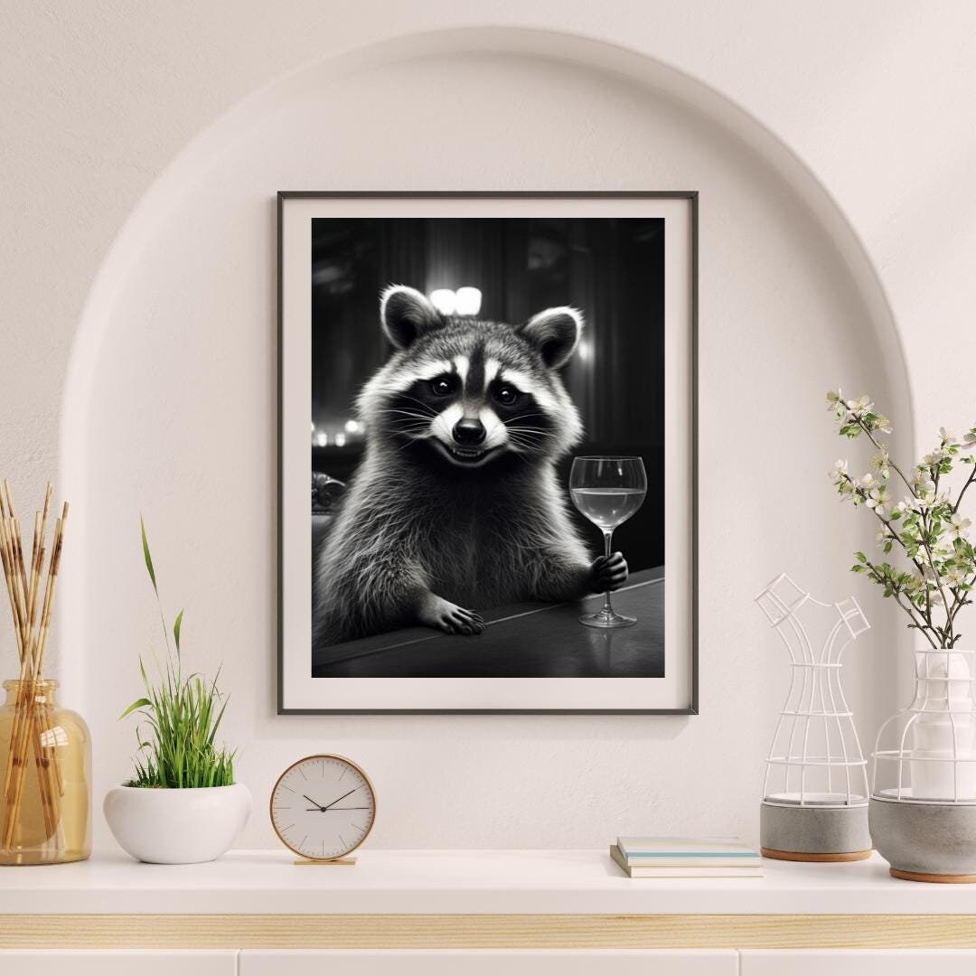 Raccoon Alcohol Wall Art, Raccoon Sitting at the Bar Poster, Wine Lover ...