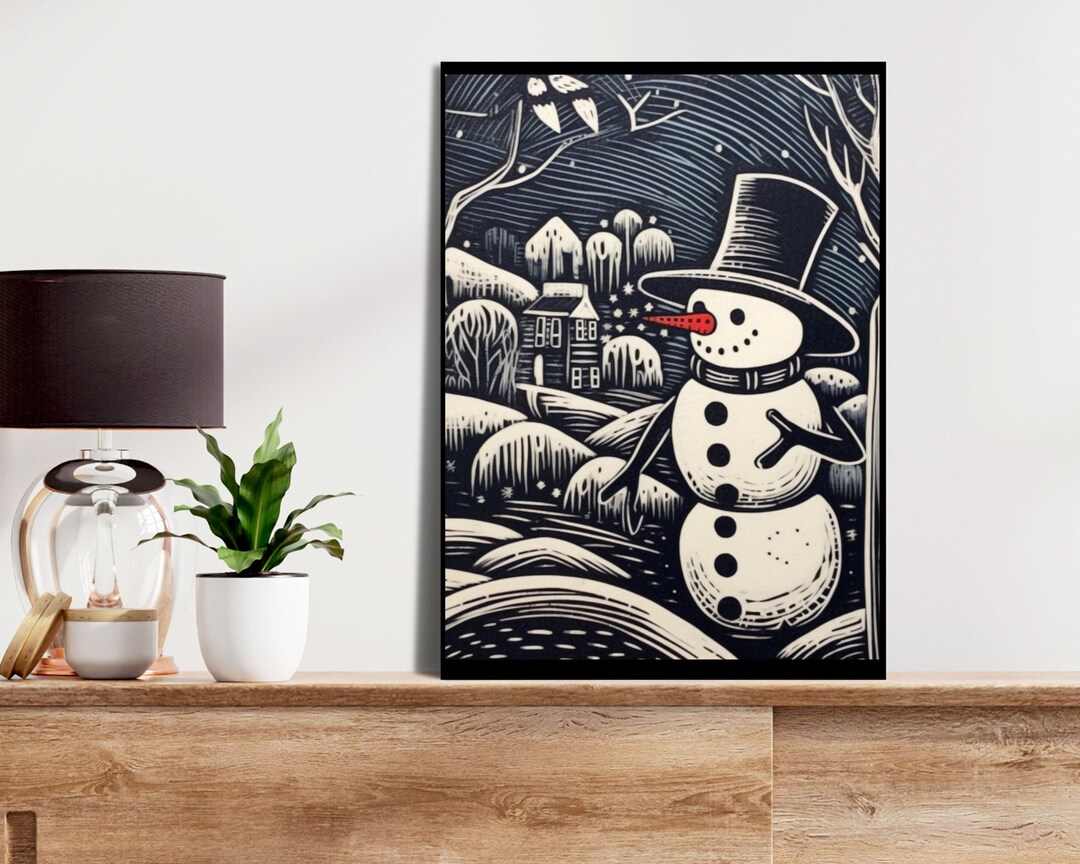 Christmas Snowman Wall Art, Linocut Style Print Decor, Housewarming ...