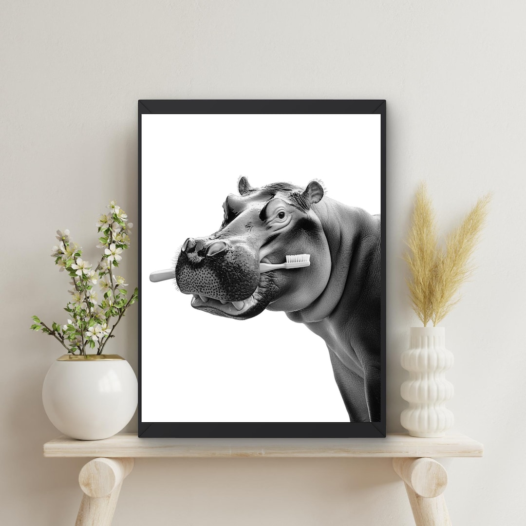 Hippopotamus Bathroom Wall Art | Brushing Teeth | Bathroom Art Print Kids Bathroom Décor, Hippo ...