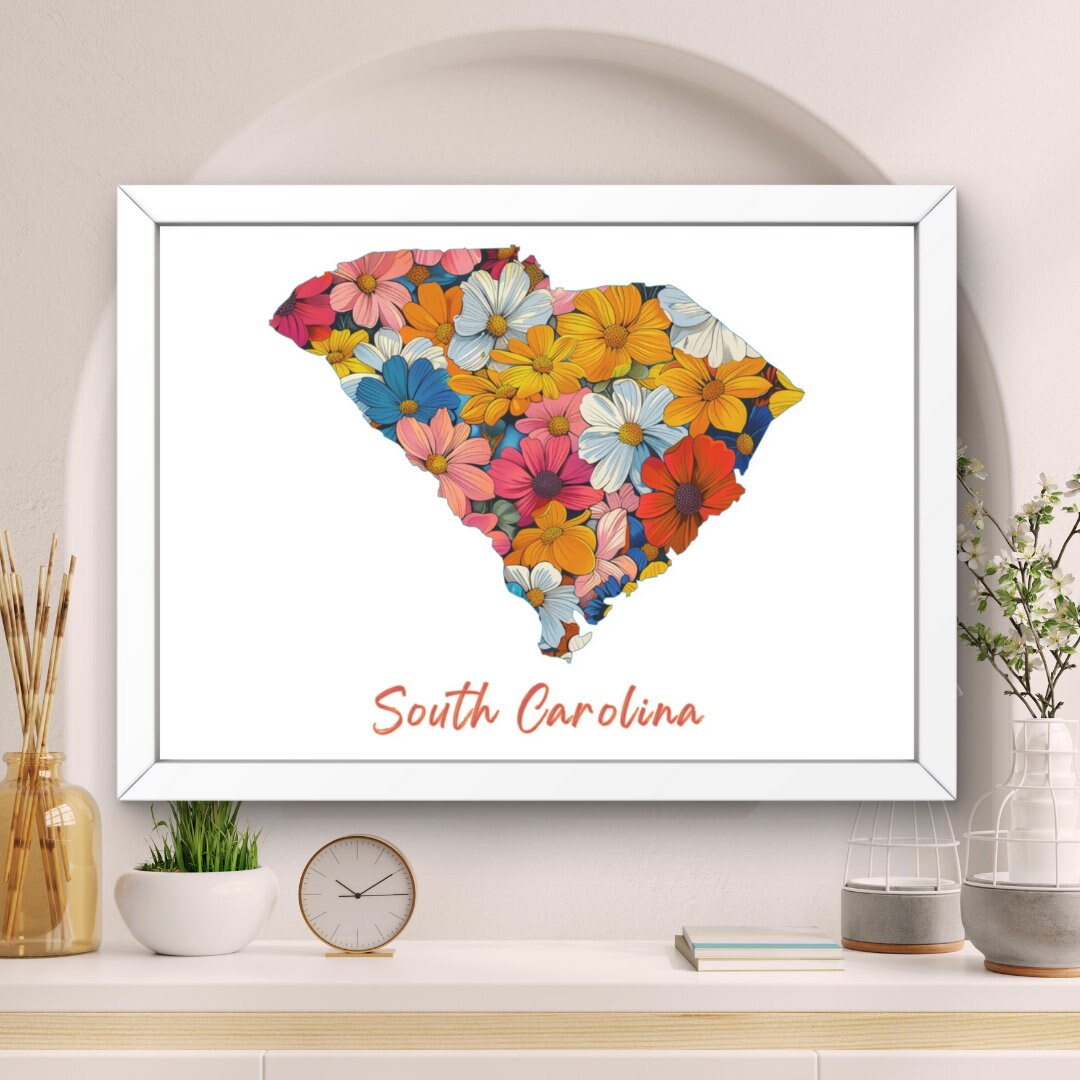 South Carolina State Wall Art Print - Floral SC Map Outline Decor ...