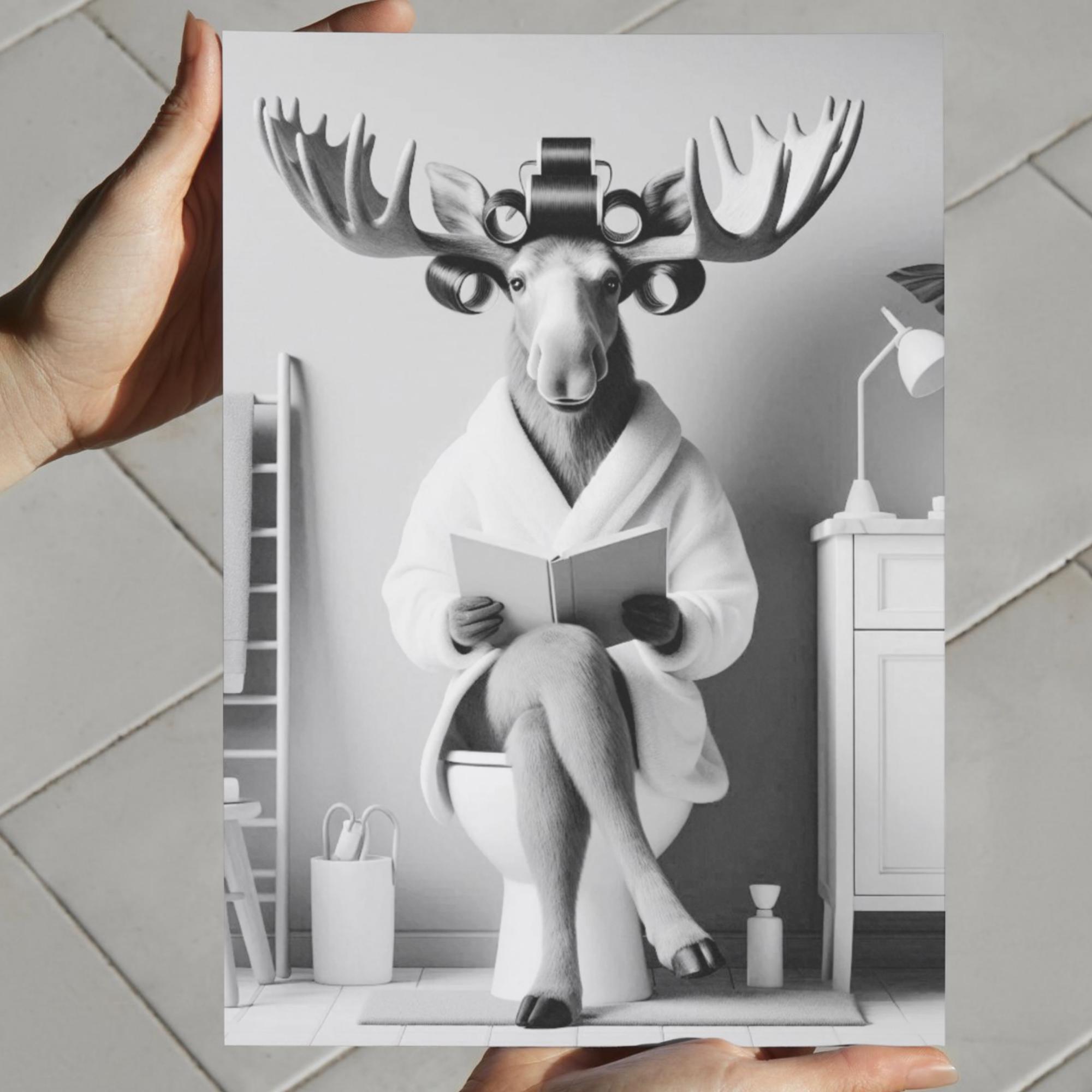 Moose Bathroom Wall Art, Moose, Elk on Toilet Reading Book Print ...