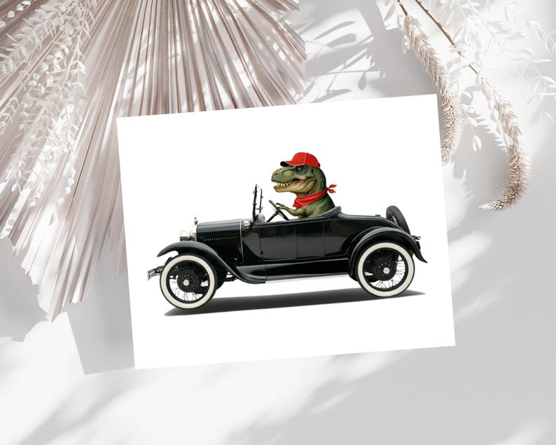 Dinosaur T-rex Driving Model T Car Wall Art, Tyrannosaurus Rex Poster ...