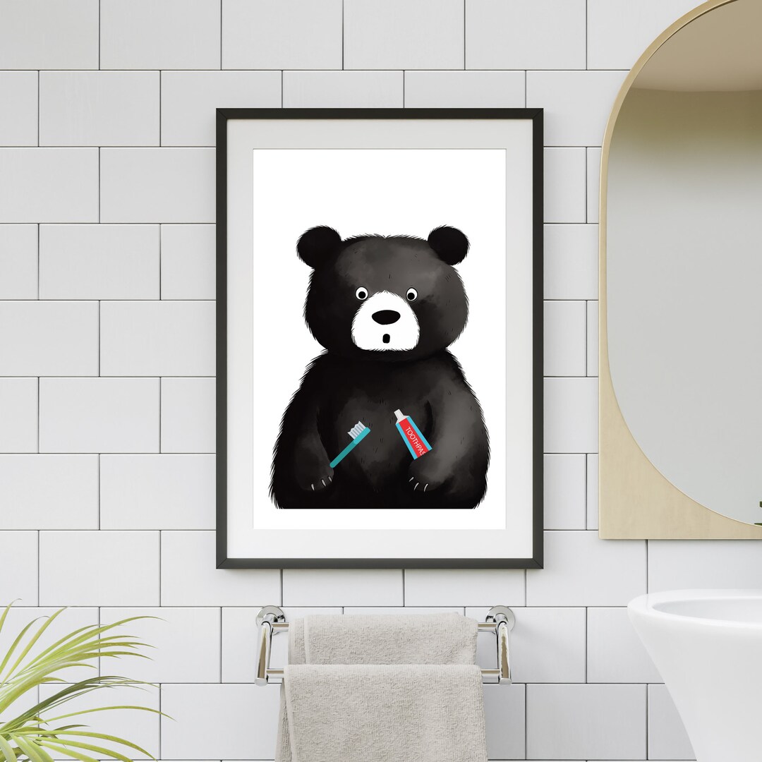 Bathroom Wall Art, BEAR With Toothbrush, Toothpaste Brush Your Teeth ...