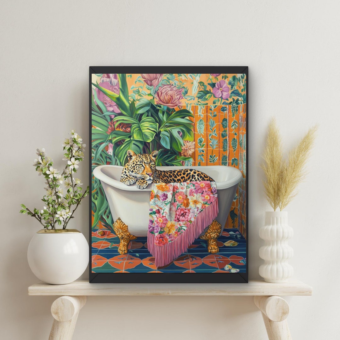 Elegant Leopard in Bathtub Printable Wall Art Big Cat Taking a Bath in ...