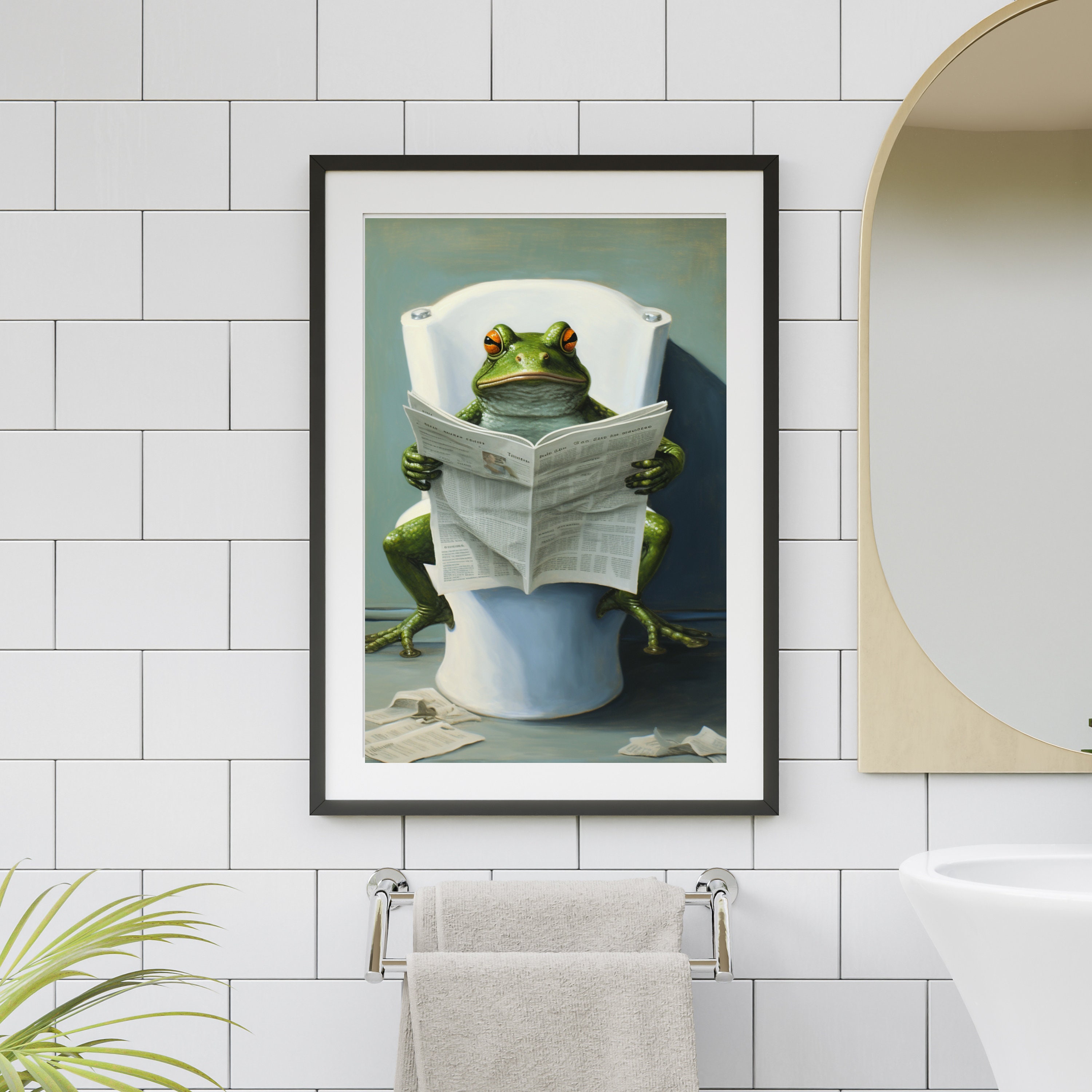 Frog on Toilet Printable Wall Art Frog Reading Paper Frog in Bathroom ...