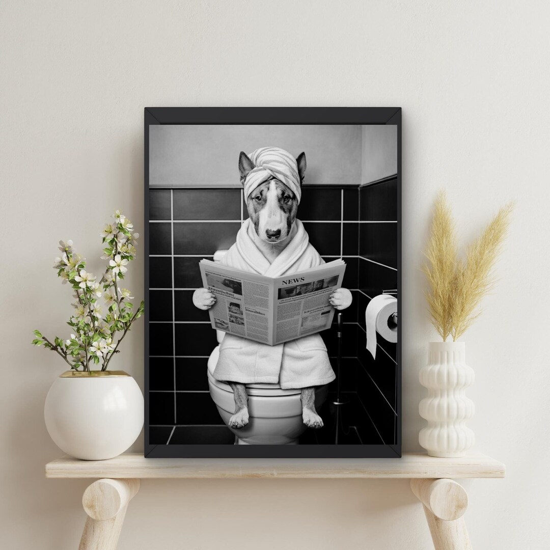 Bull Terrier Dog on Toilet Bathroom Wall Art, Dog Reading Newspaper ...