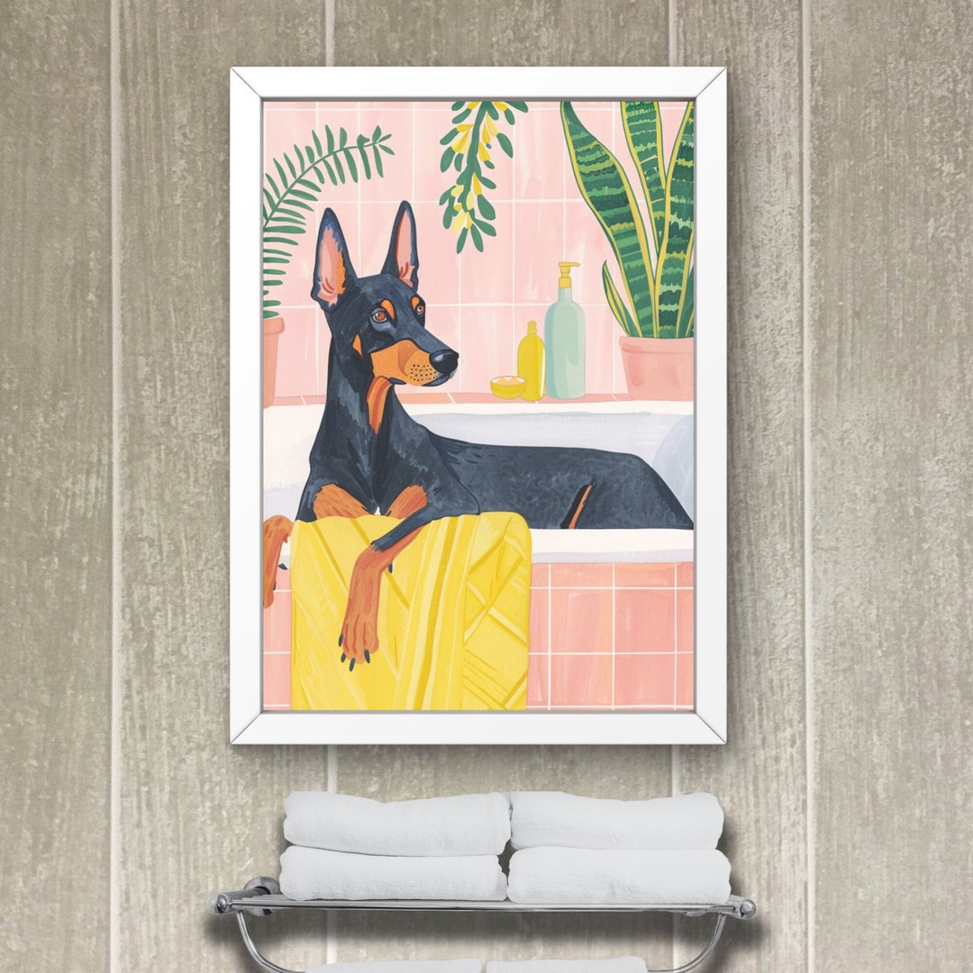 Doberman Pinscher Dog in Bathtub Printable Wall Art | Dobie Taking a ...