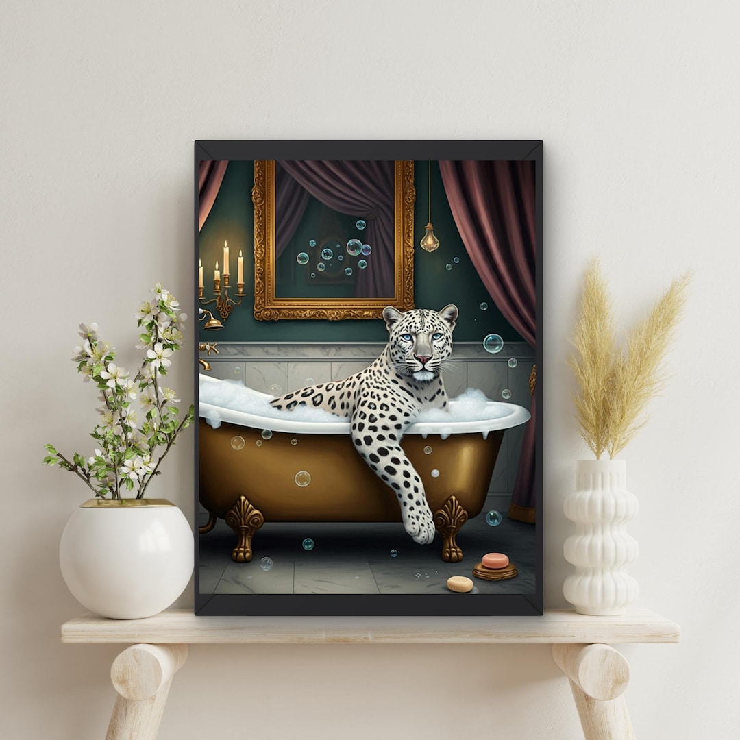 White Leopard in Bathtub Printable Wall Art Big Cat Taking a Bubble ...