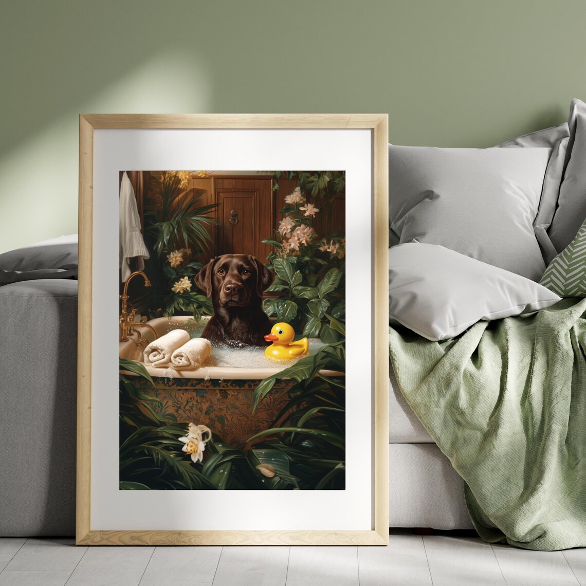 Chocolate Lab Dog in Tub Printable Wall Art, Dog Taking a Bath in Tub ...