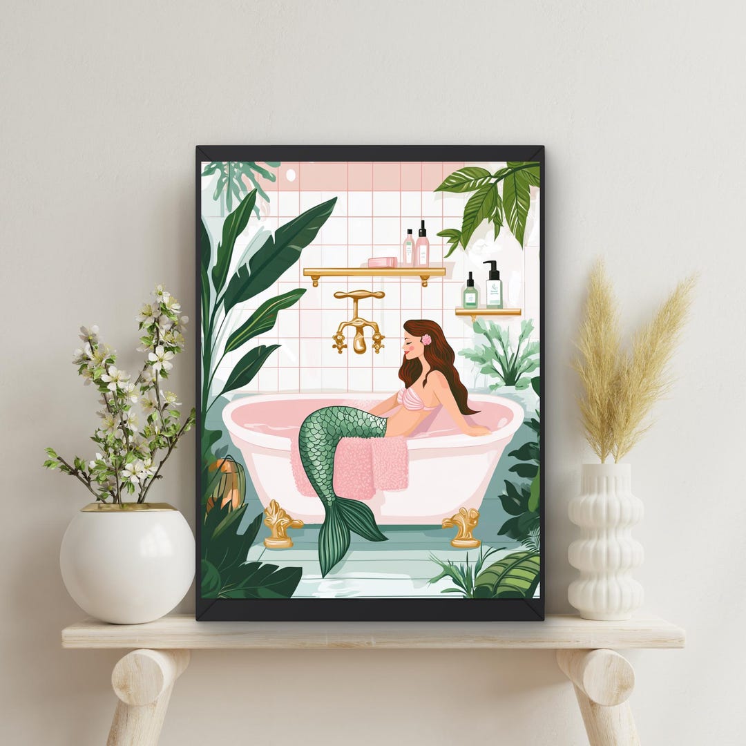 Mermaid in Bathtub Printable Wall Art, Mermaid Taking a Bath in Tub ...