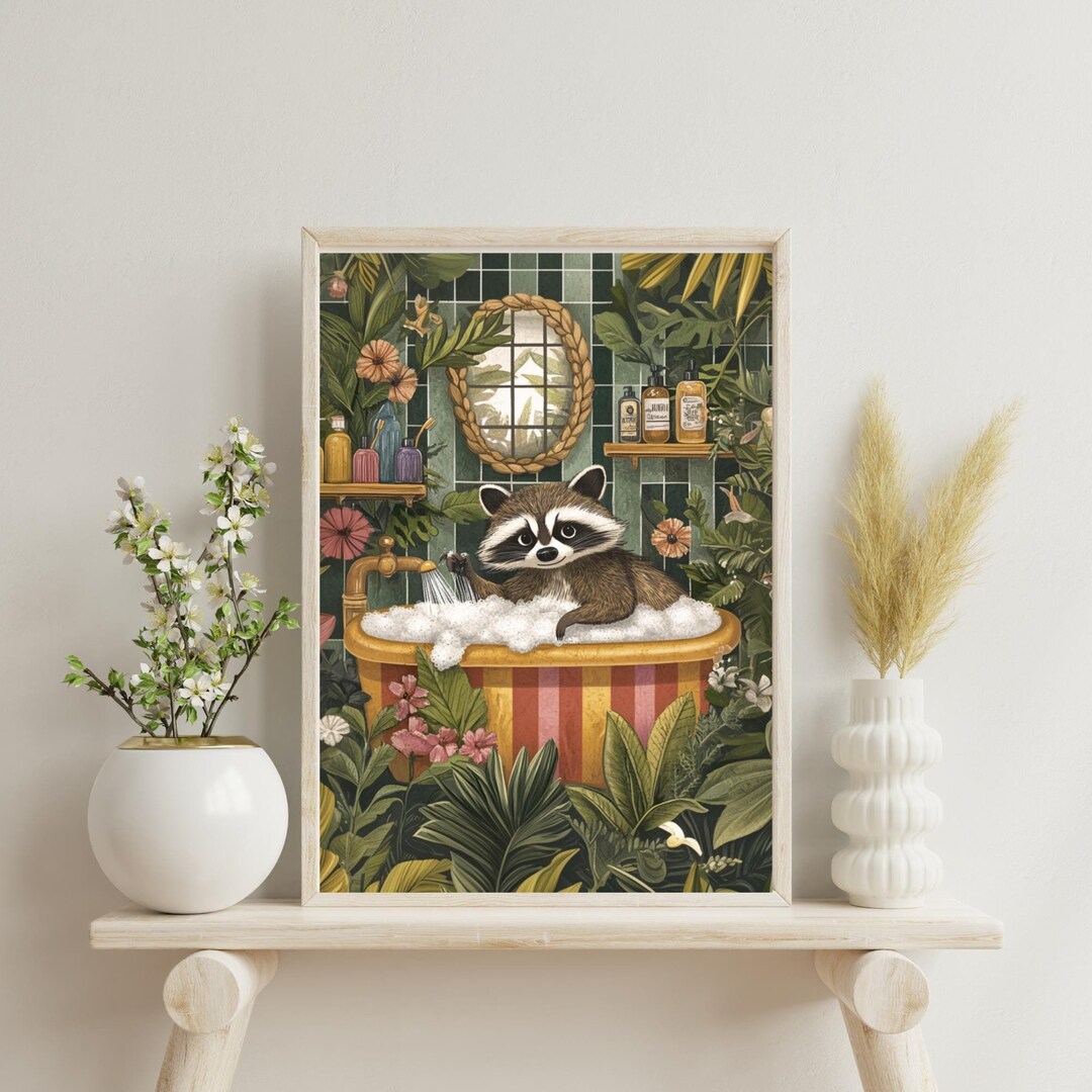 Raccoon in Tub Printable Wall Art, Raccoon Taking a Bubble Bath in Tub ...