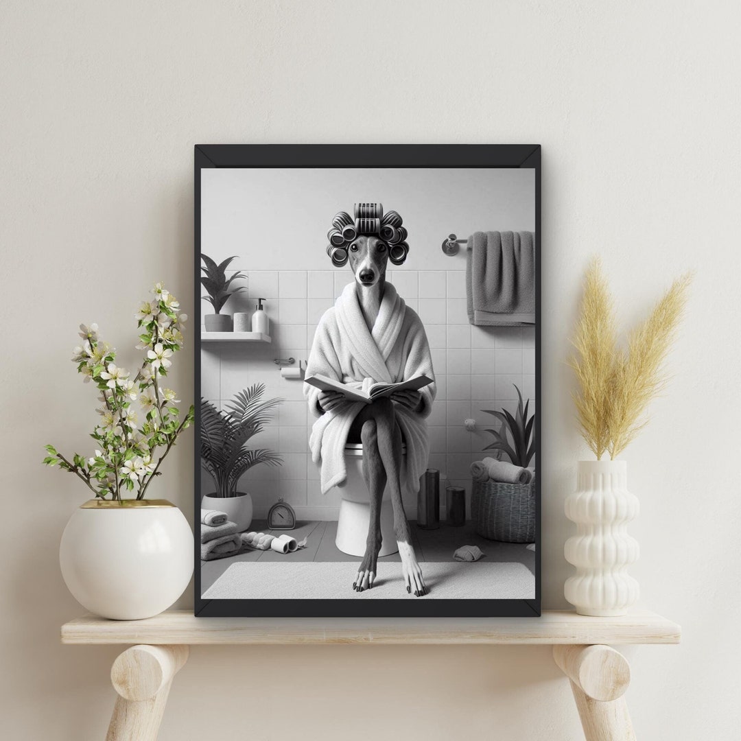 Greyhound Dog Wall Art, Bathroom Print: Funny Dog on Toilet Decor ...