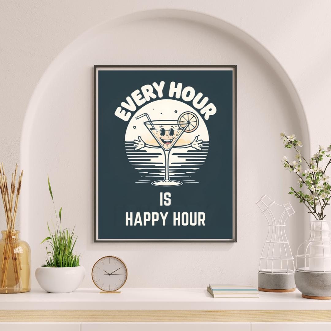 Retro Happy Hour Printable Wall Art, 70s Groovy Print Décor, Bold ...