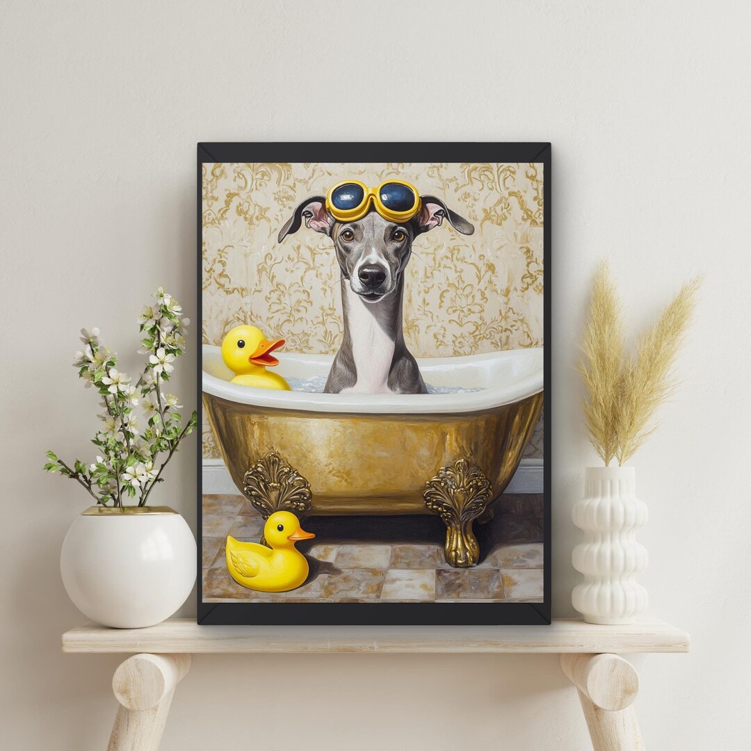 Greyhound Dog in Tub Printable Wall Art, Dog Taking a Bath in Tub With ...