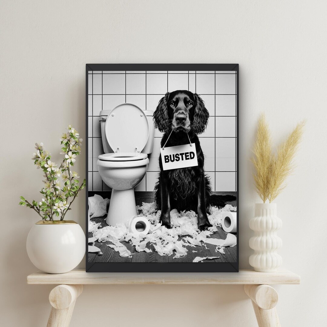 Gordon Setter Bathroom Wall Art, Dog Busted With Toilet Paper Mess ...