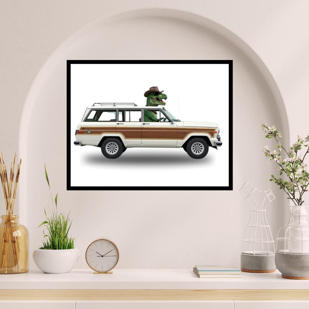Dino T-rex Driving Wagoneer Art Print: Playful Dinosaur Decor (digital ...