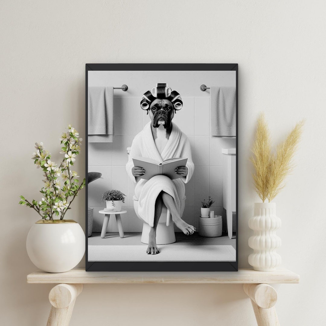 Boxer Dog in Bathroom Wall Art, Boxer on Toilet Reading Book, Bathrobe ...