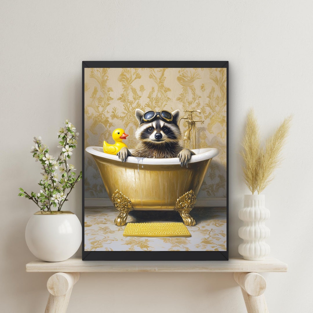 Raccoon in Bathtub Printable Wall Art, Raccoon Taking a Bath in Tub ...