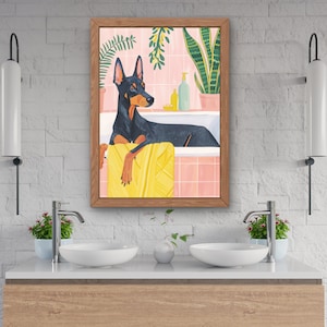 Doberman Pinscher Dog in Bathtub Printable Wall Art | Dobie Taking a ...
