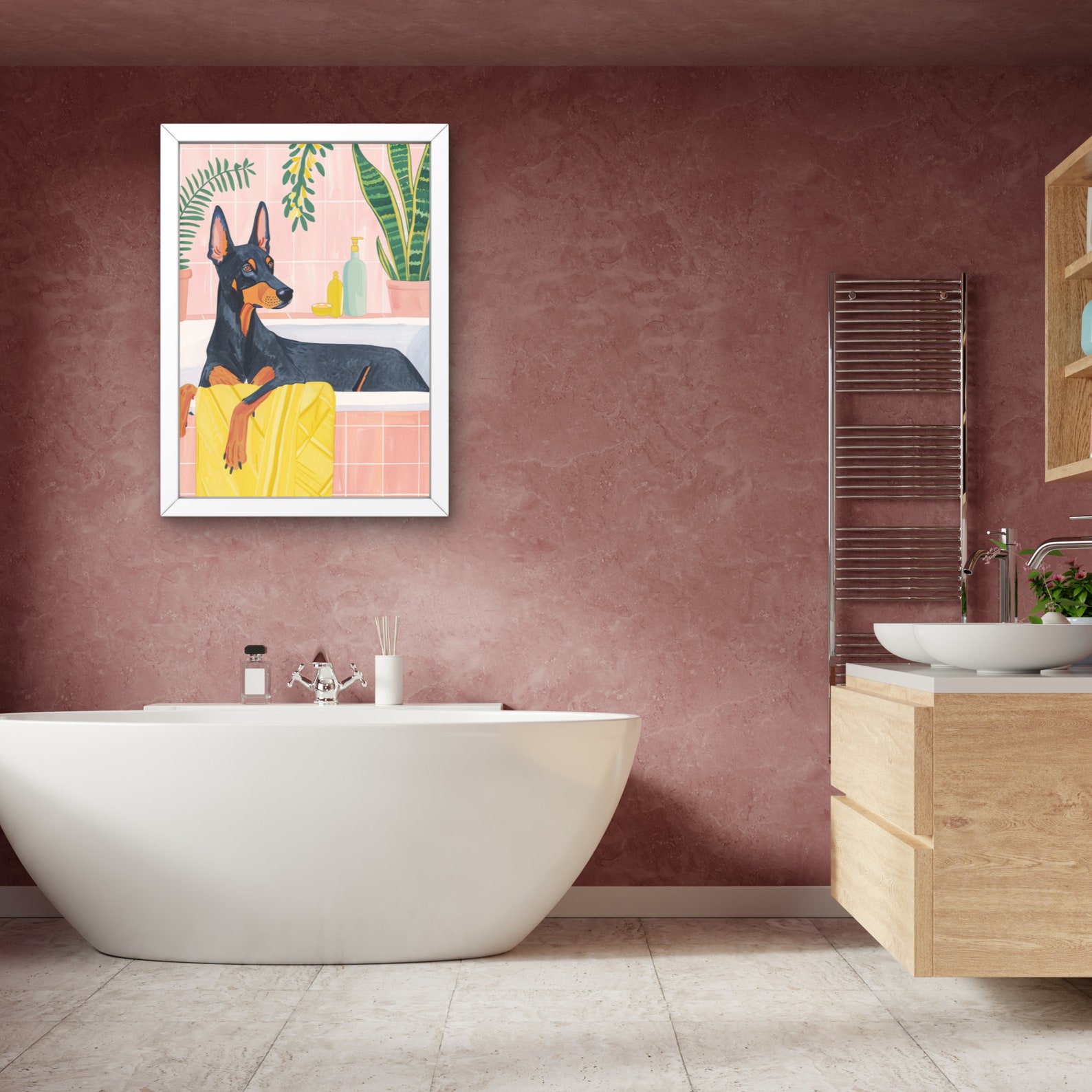 Doberman Pinscher Dog in Bathtub Printable Wall Art | Dobie Taking a ...