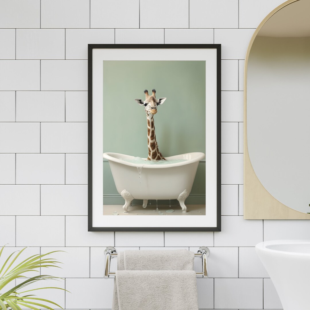 Giraffe in Tub Printable Wall Art Giraffe Taking a Bath in Tub Photo ...