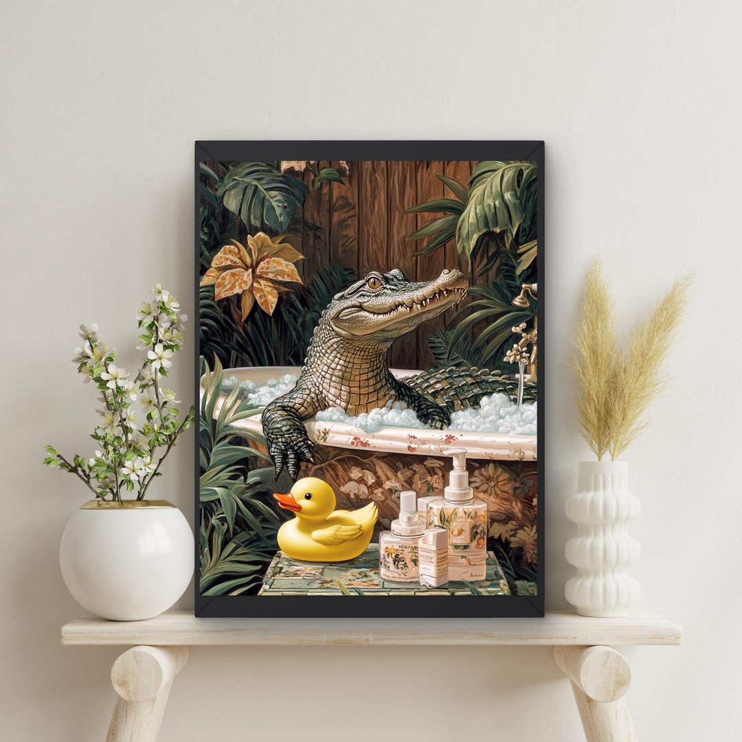 Alligator in Tub Printable Wall Art | Dog Taking a Bubble Bath in ...