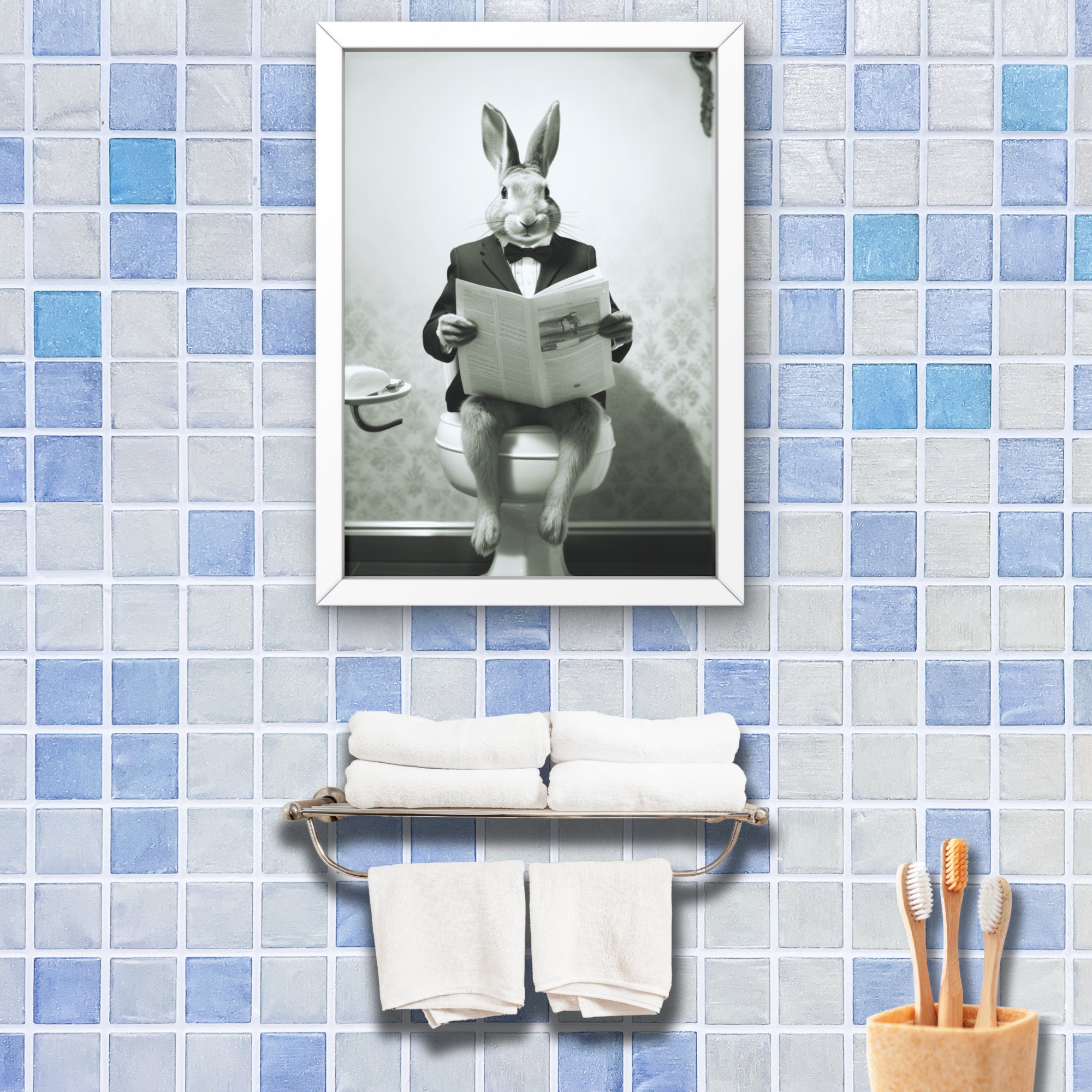 Rabbit on Toilet Printable Wall Art Rabbit Reading Paper Bunny in ...